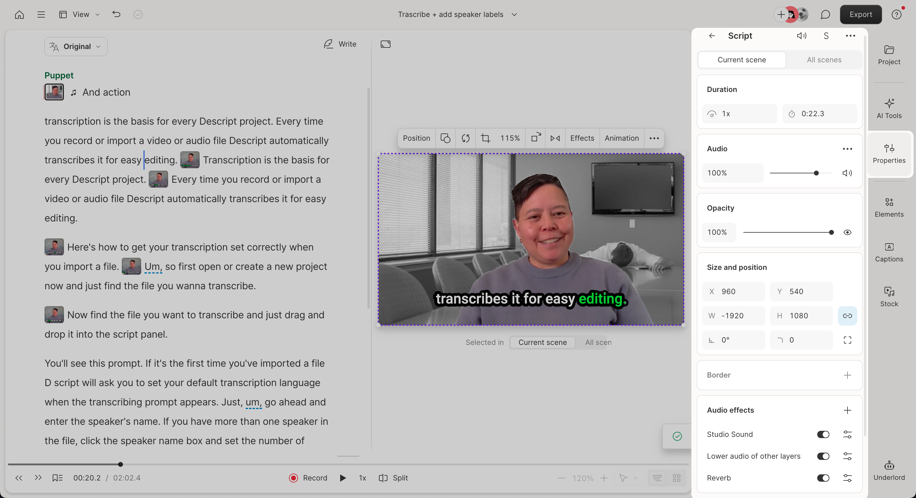 Properties Panel – Descript Help