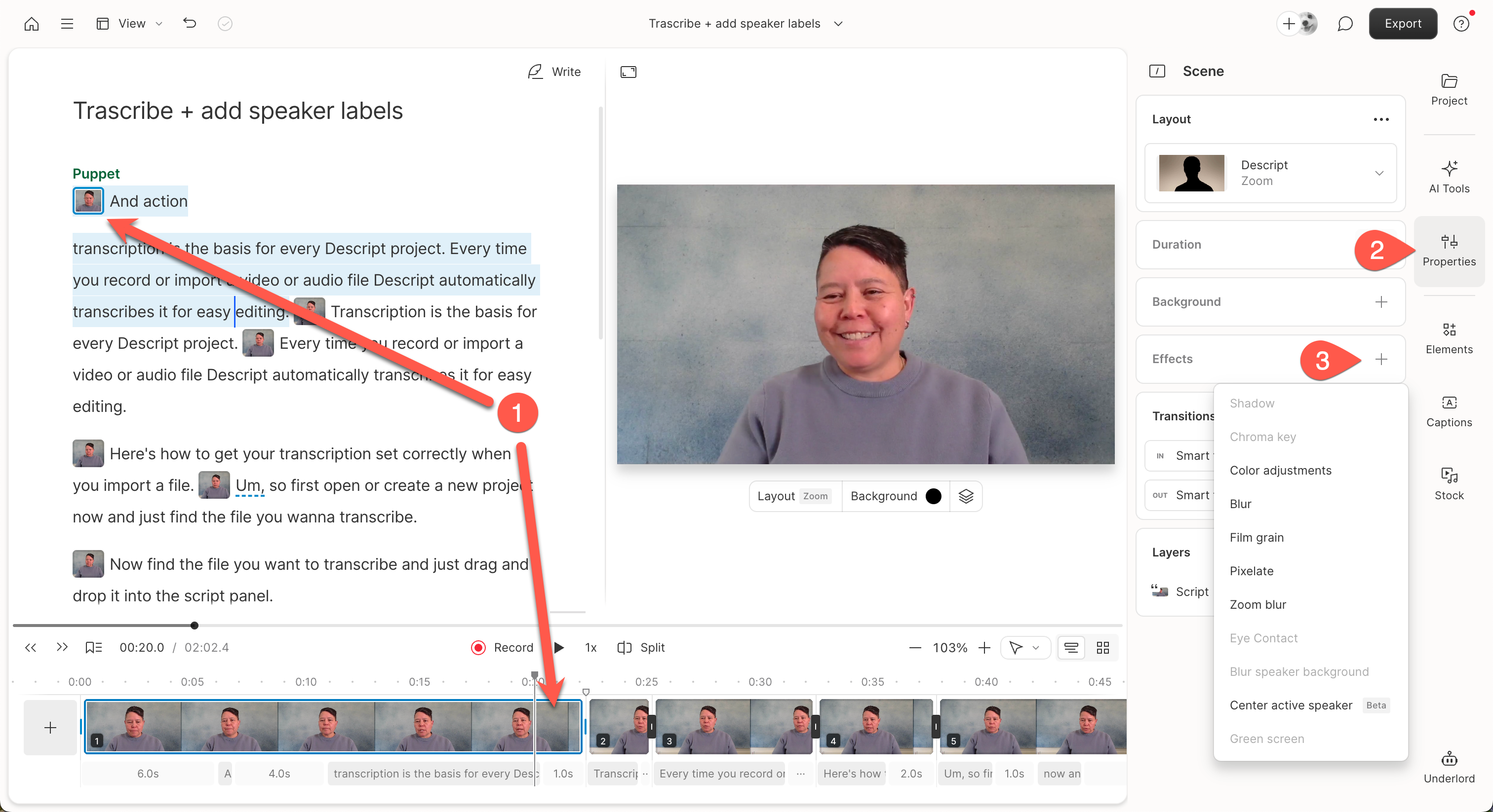 Applying and adjusting effects – Descript Help